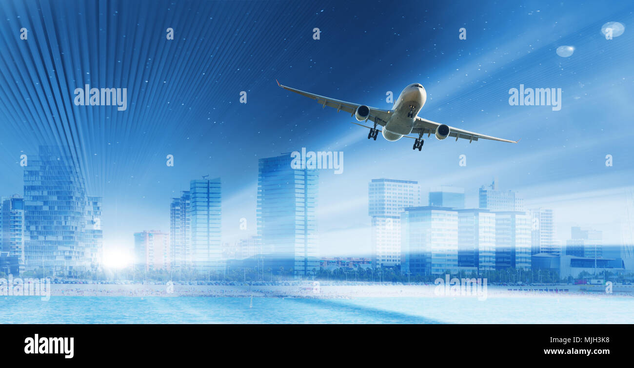 Airplane hovering highly in the sky over skyscrapers Stock Photo - Alamy