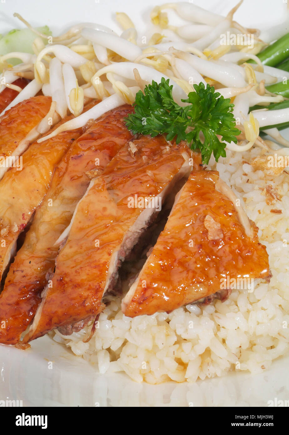 chicken rice. Asian style hainan chicken rice closeup Stock Photo - Alamy