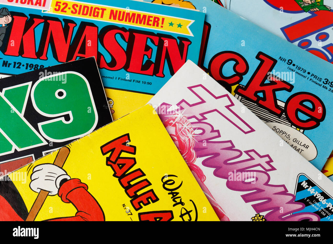 Stockholm, Sweden - August 21, 2016: Collage of Swedish comic books ...