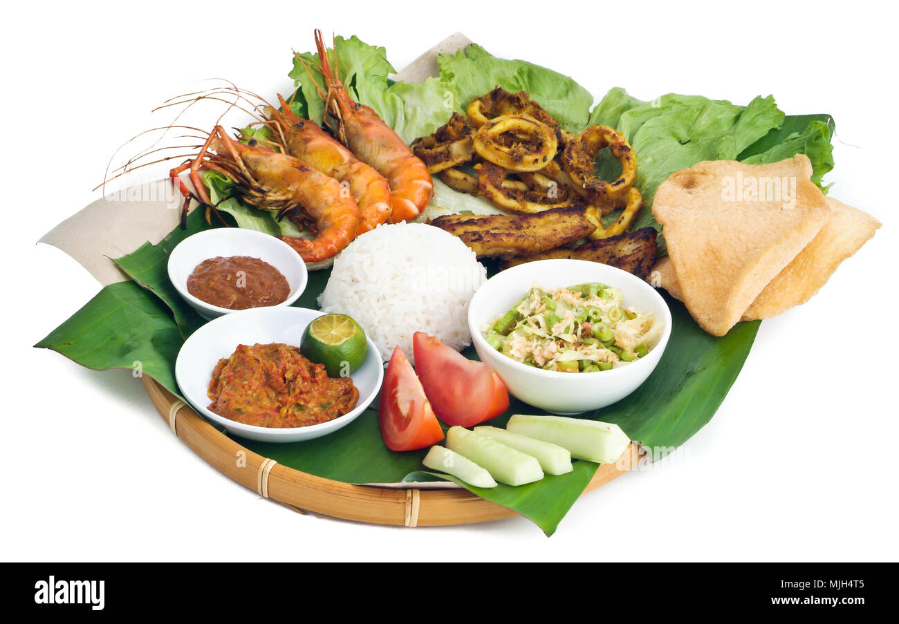 Indonesian traditional food, chicken, fish, vegetables Stock Photo - Alamy