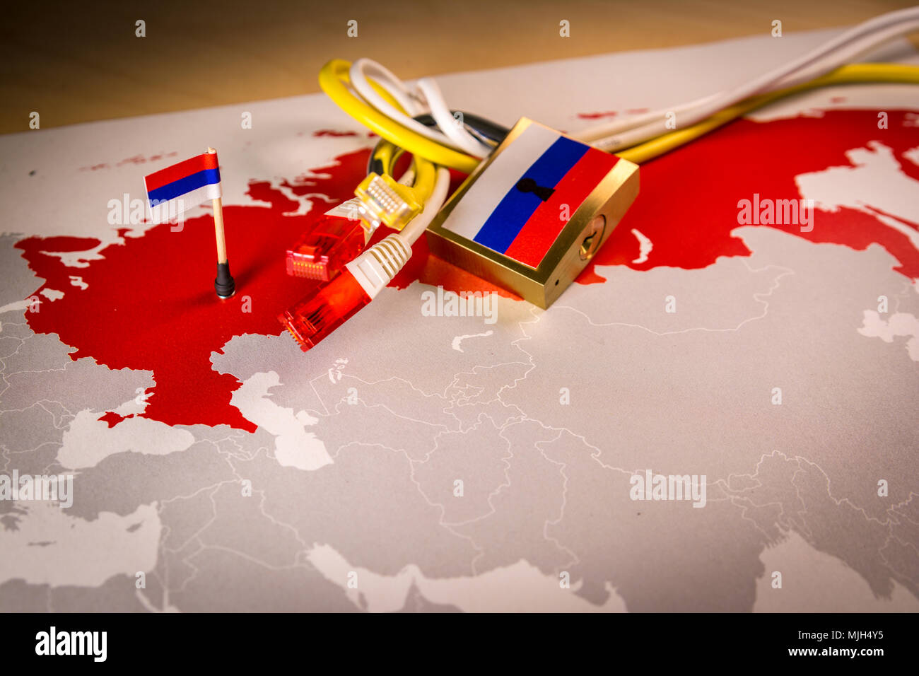 Padlock, net cable, Russia flag on a smartphone and Russia map ...