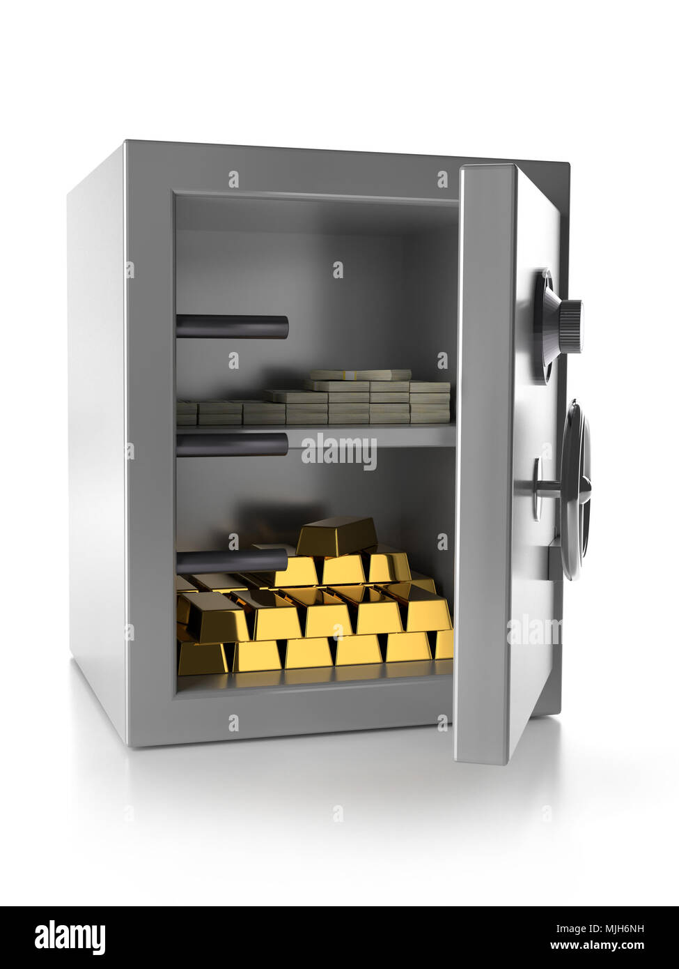 3D render of unlocked strongbox with gold bars and pile of US dollar ...