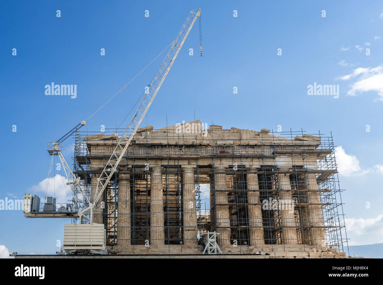 Restoration work of ruins of Parthenon temple dedicated to the goddess ...