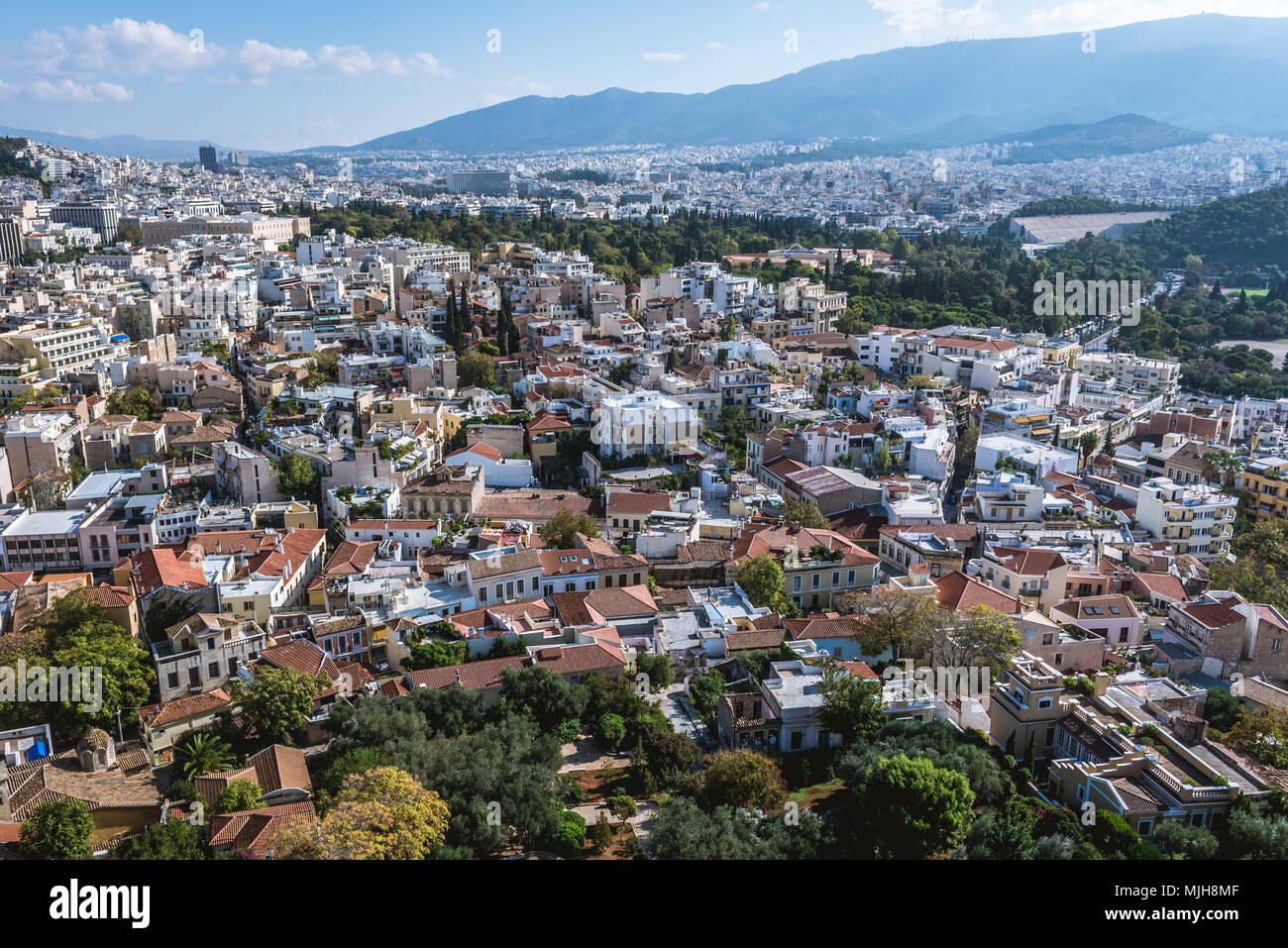 Plaka historical district seen from from Acropolis of Athens city ...