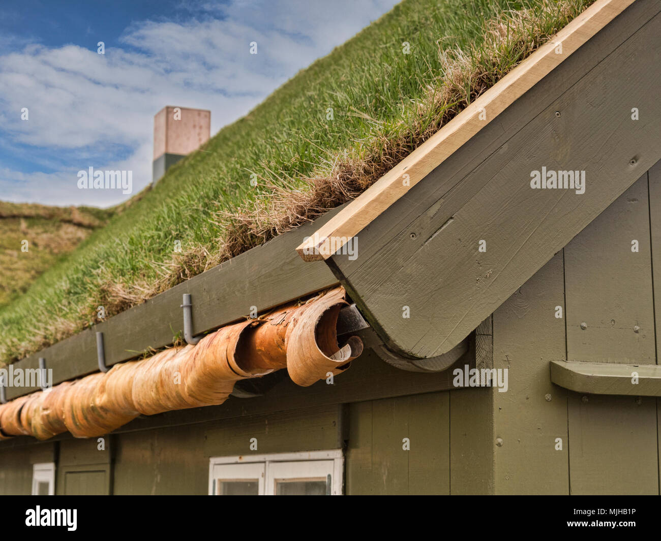 Detail of traditional grass or sod roofed wooden building in Torshavn ...