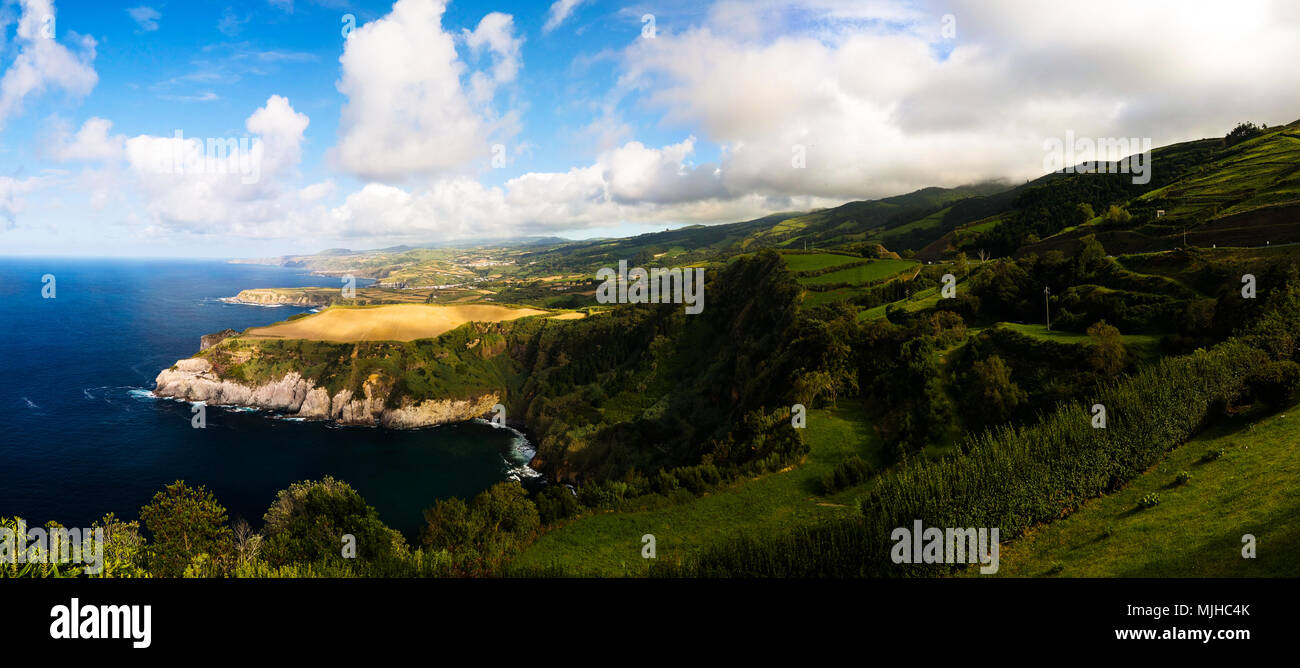 Panorama view to coastline of Sao Miguel island from Santa Iria ...
