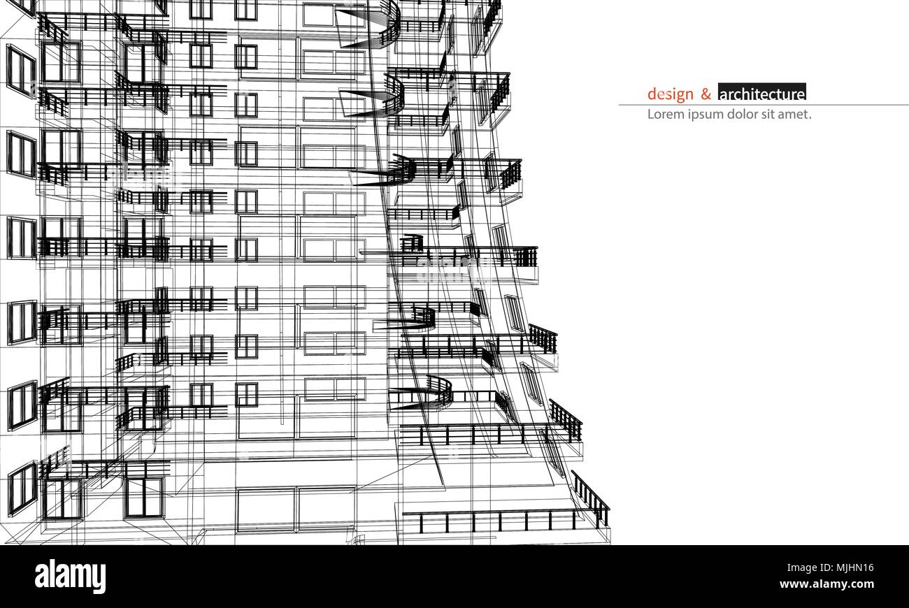 Urbanistic skyscraper. Abstract 3D render of building wire frame ...