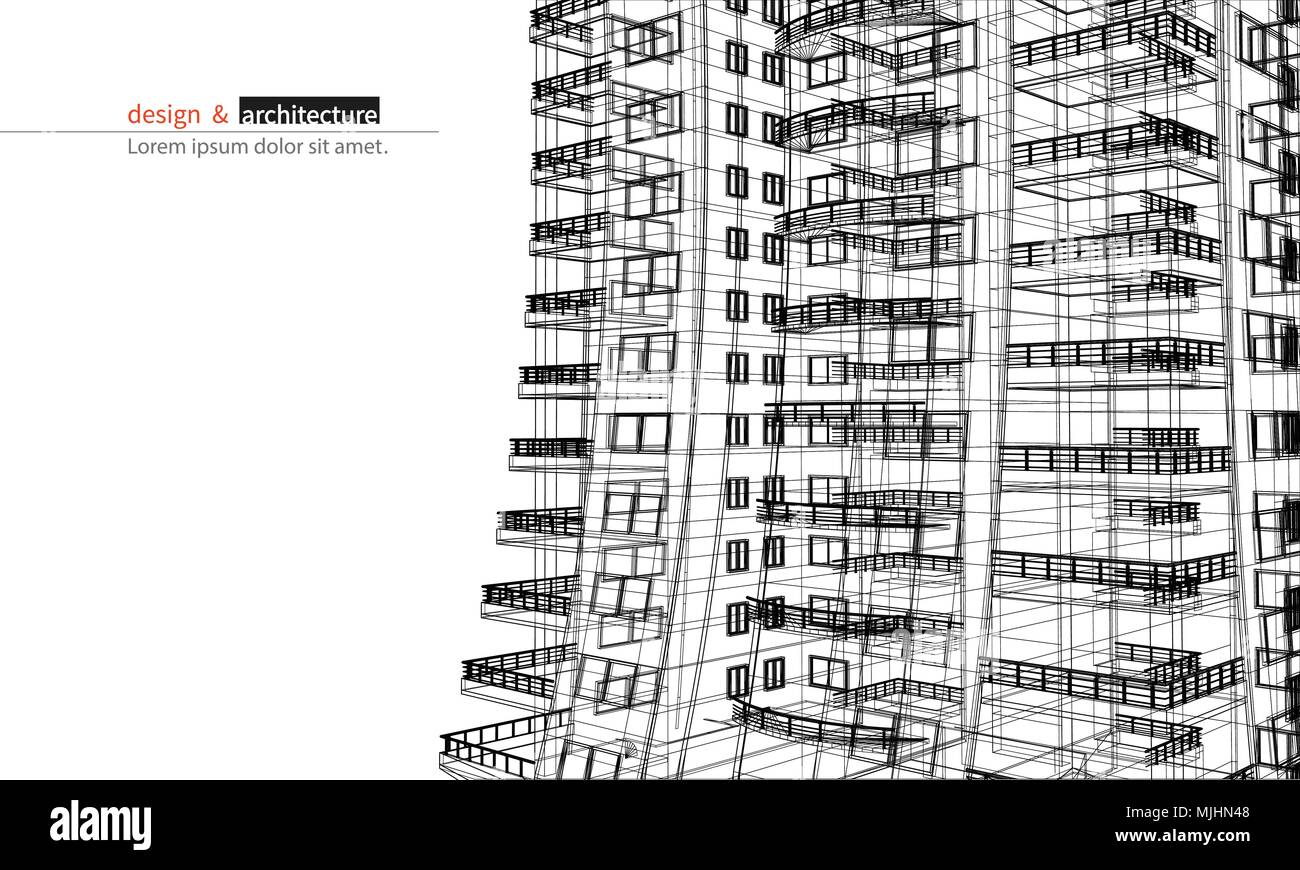 Urbanistic skyscraper. Abstract 3D render of building wire frame ...