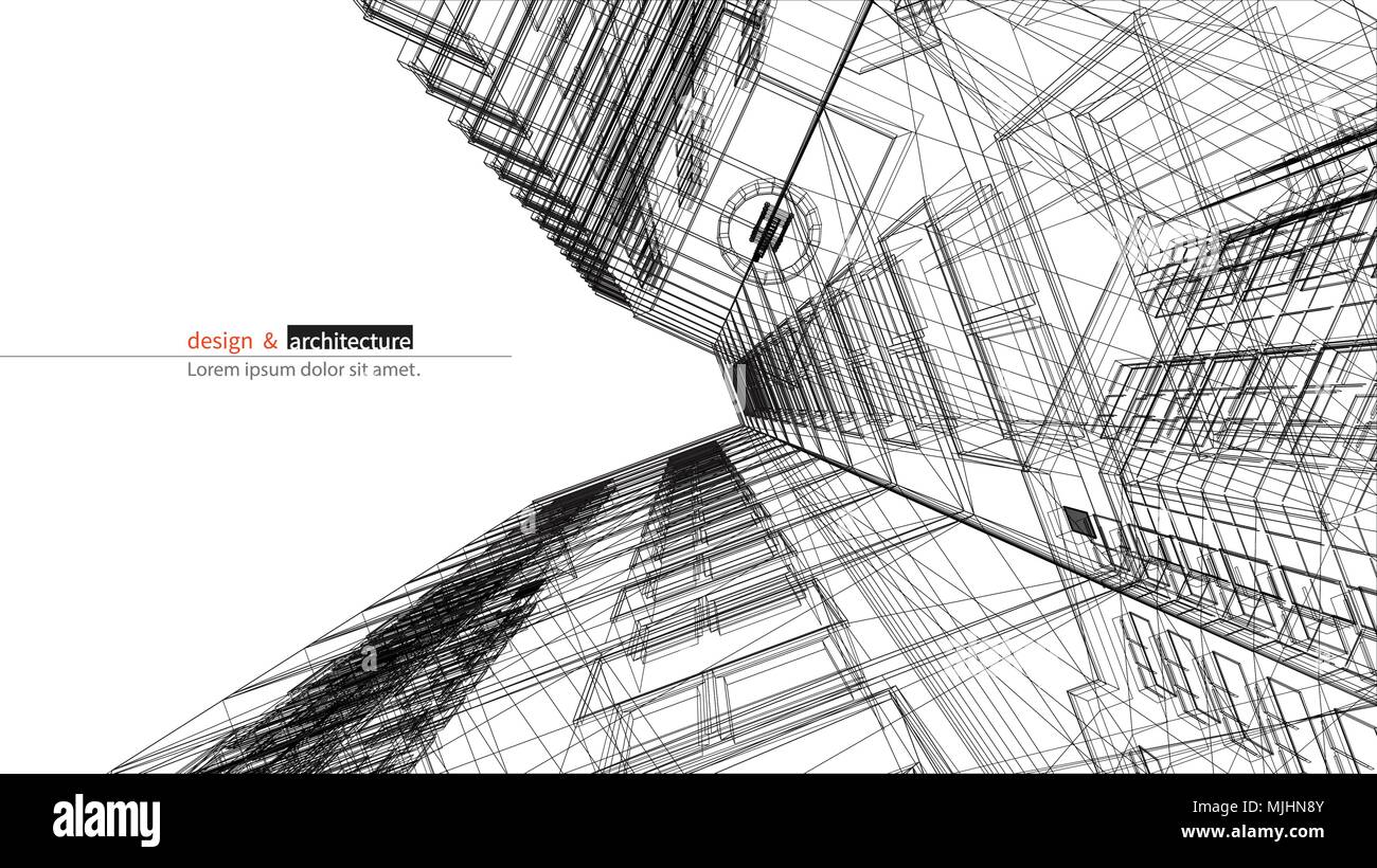 Urbanistic skyscraper. Abstract 3D render of building wire frame ...