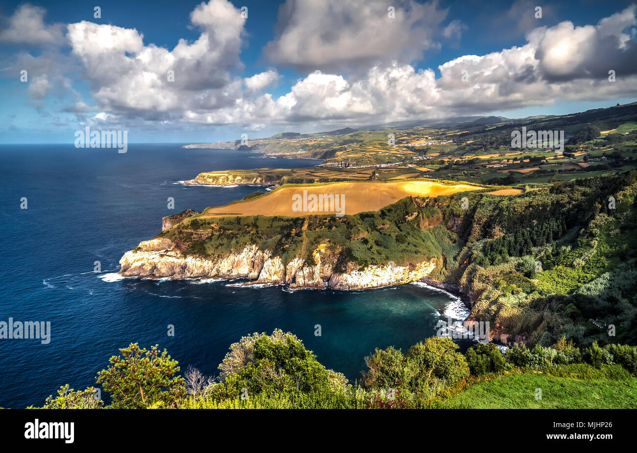 Panorama view to coastline of Sao Miguel island from Santa Iria ...