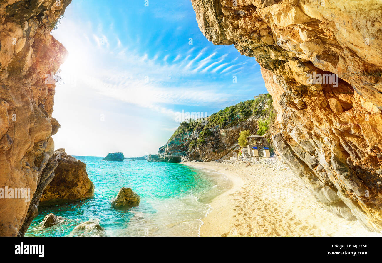 Beautiful view over the sea beach in Corfu island, Pelion, Mylopotamos ...