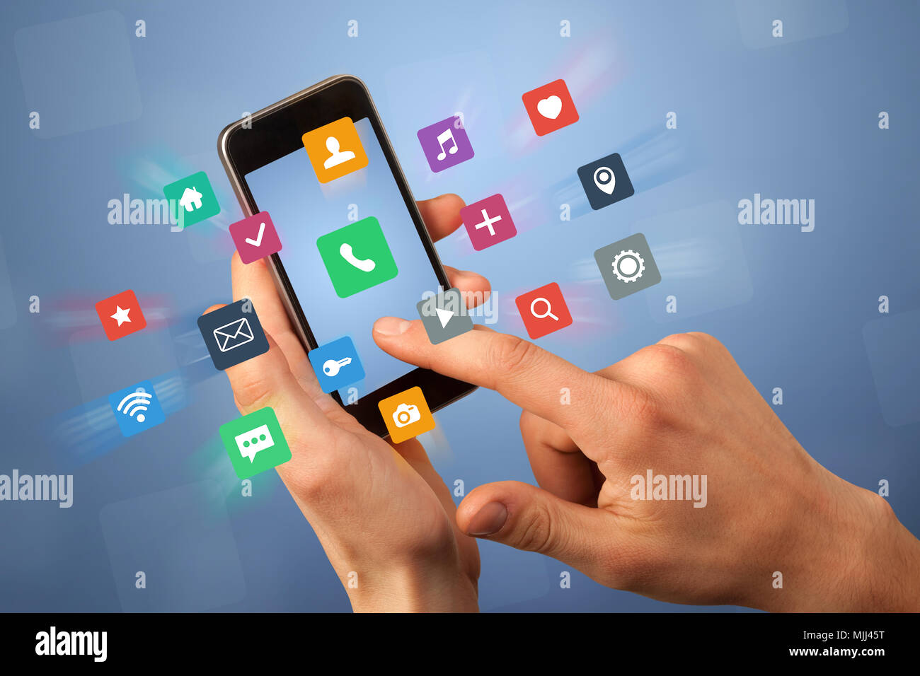 Female fingers touching smartphone with colorful applications Stock ...