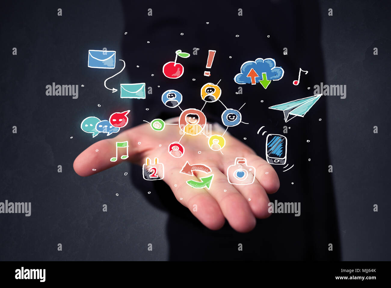 Colorful Hand Drawn Social Media Icons In The Hands Of A Businessman