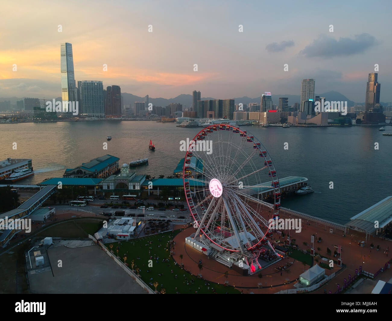Aerial of the new observation wheel, and the International Commerce ...