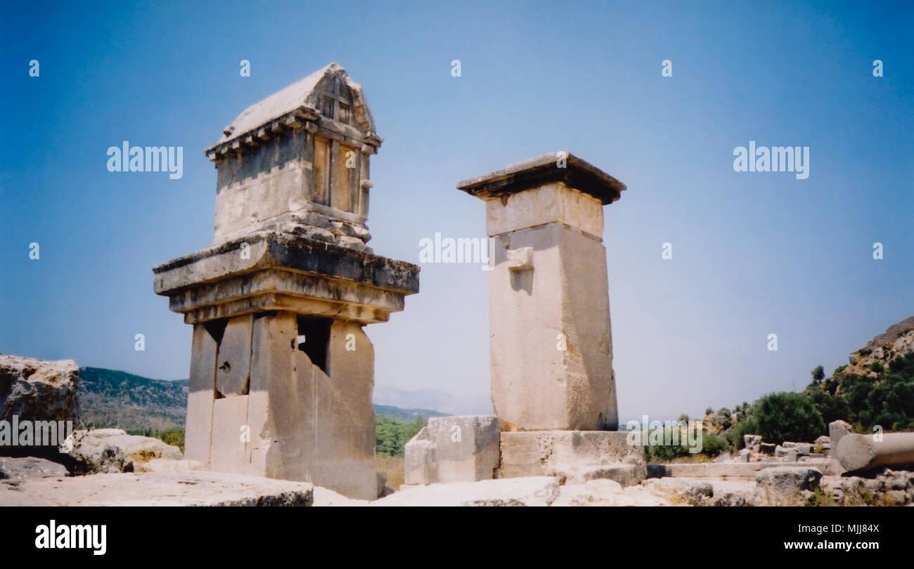 harpy tower and lycean rock tomb in ruins of ancient city of xanthos ...
