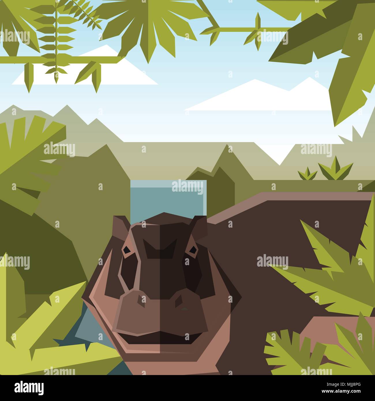 Vector image of the Flat geometric jungle background with Hippopotamus ...
