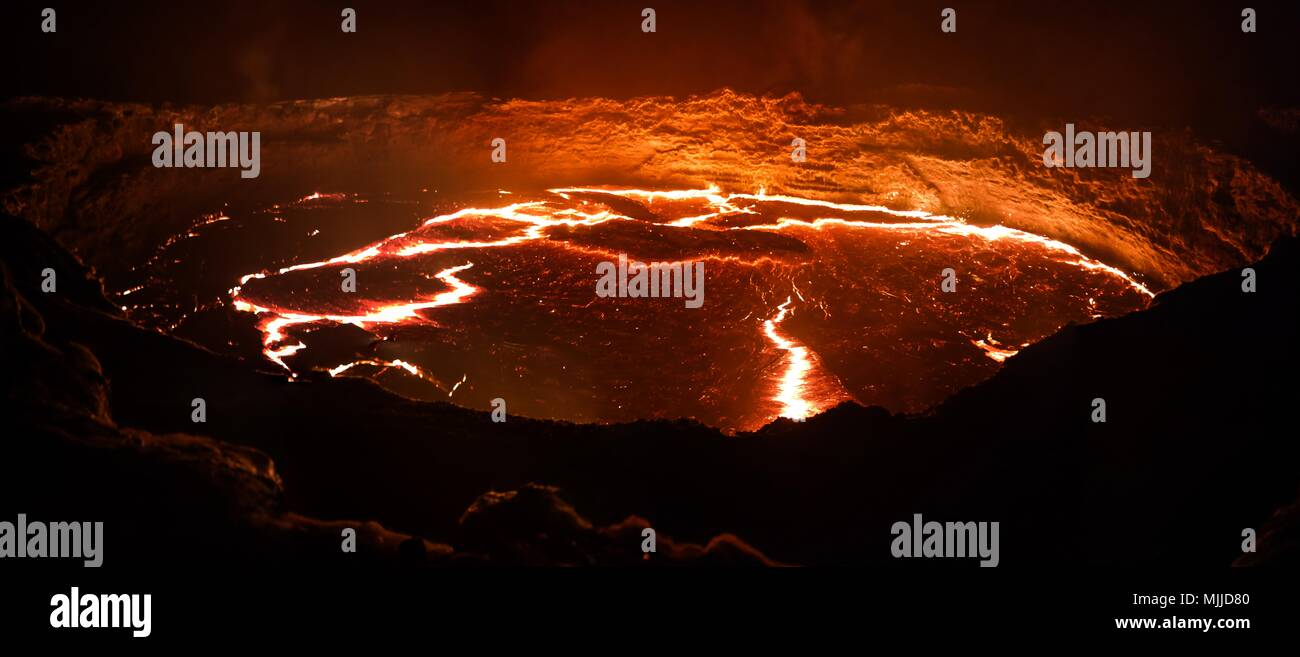 Panorama of Erta Ale volcano crater, melting lava, Danakil depression ...