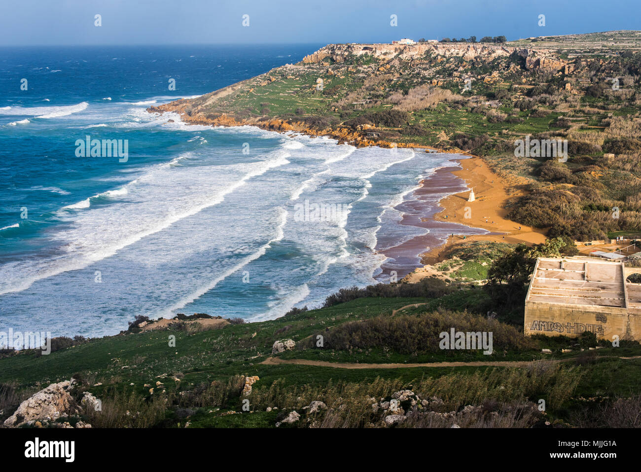 Gozo, Malta - January 2, 2018: Beach and scenic hills in Gozo, which is ...