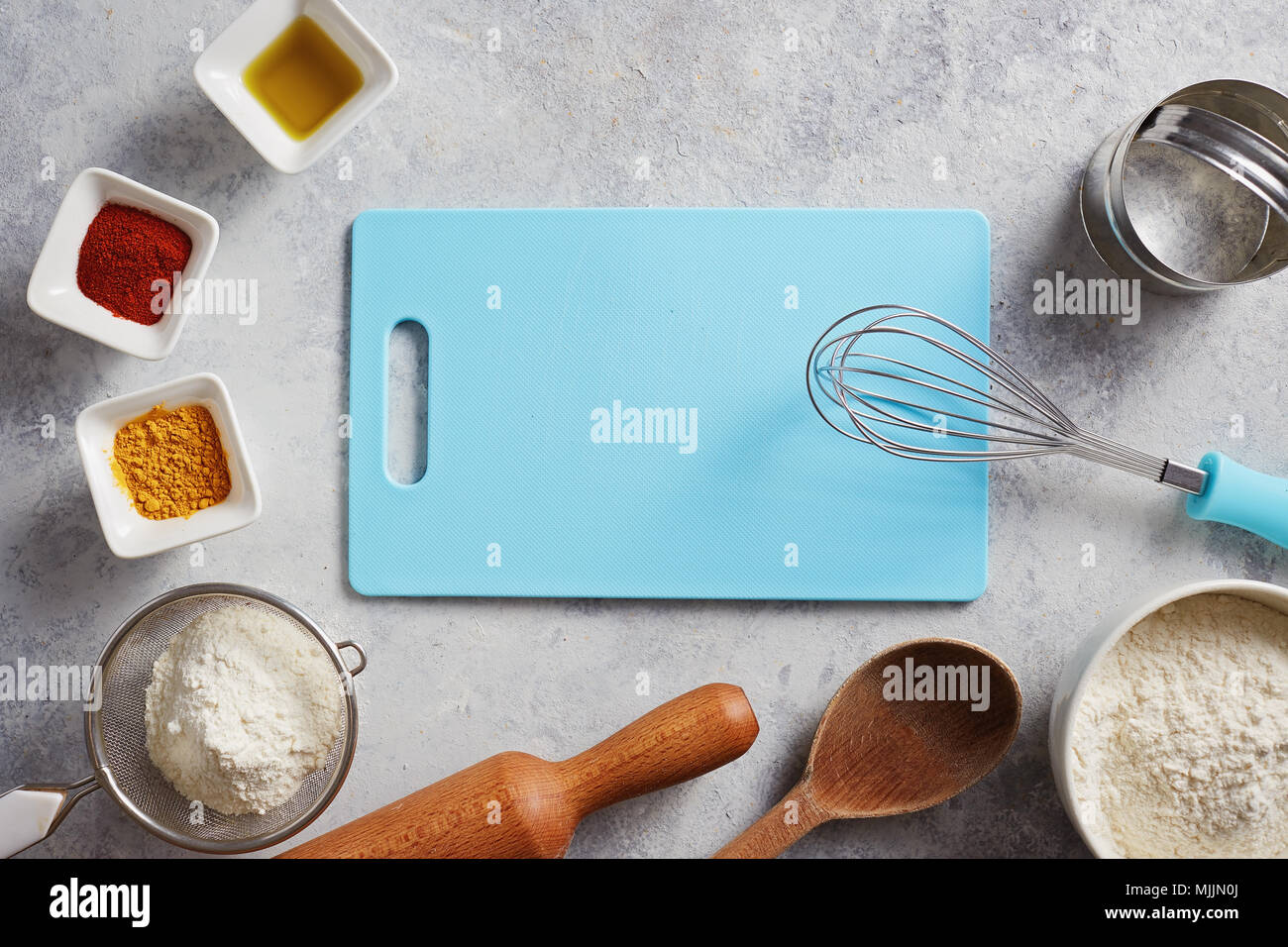 Spices and utensil on wooden table background hi-res stock photography ...