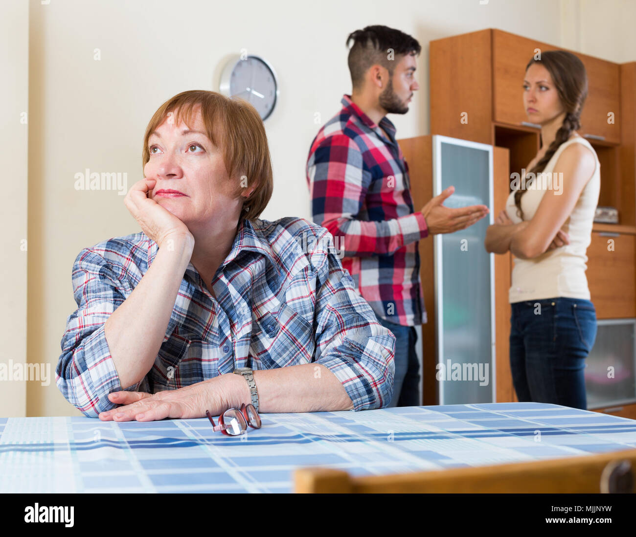 Young serious couple has a family stressful conversation at home Stock ...