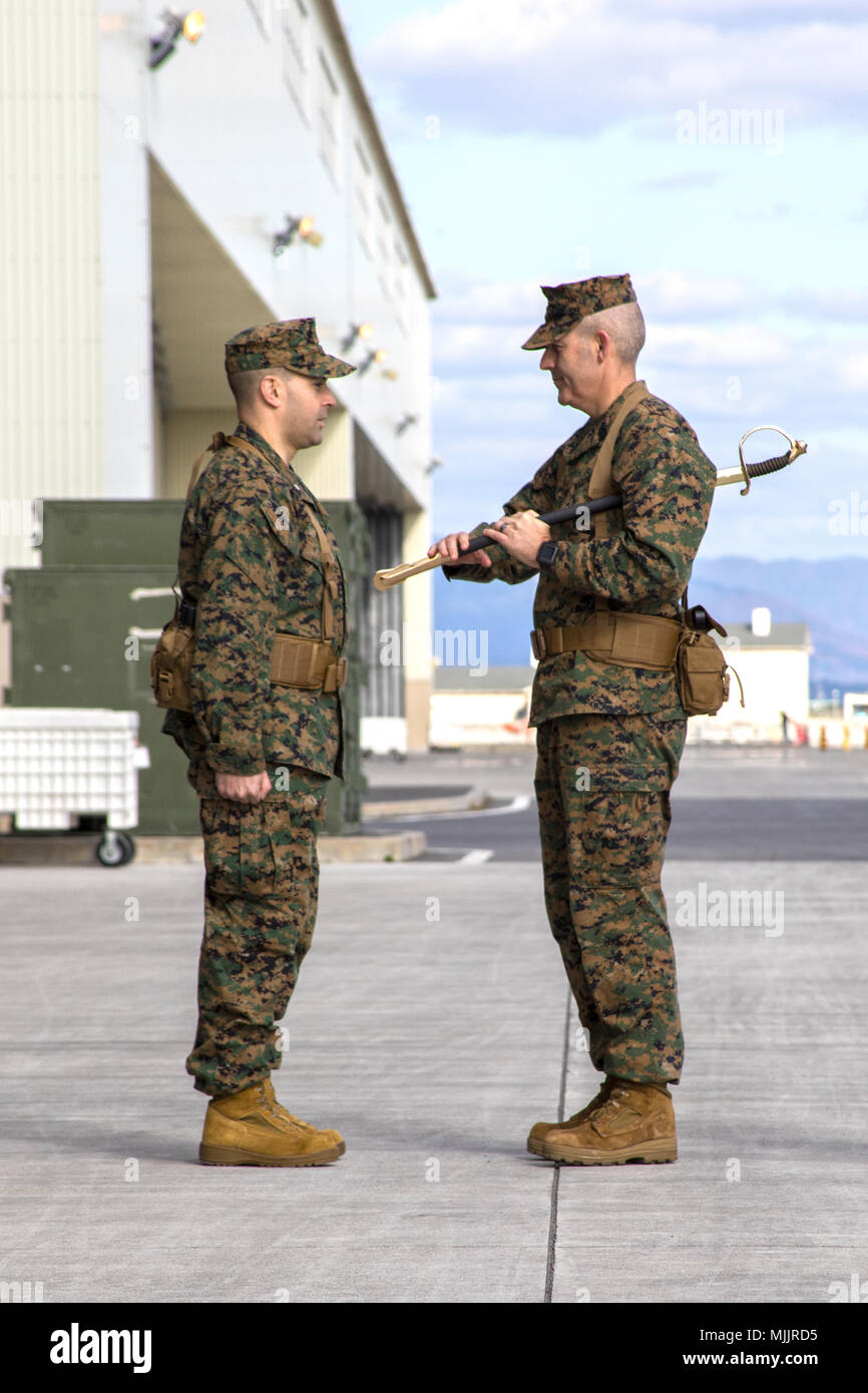 U.S. Marine Corps Sgt. Maj. Jason L. Kappen, right, outbound sergeant ...