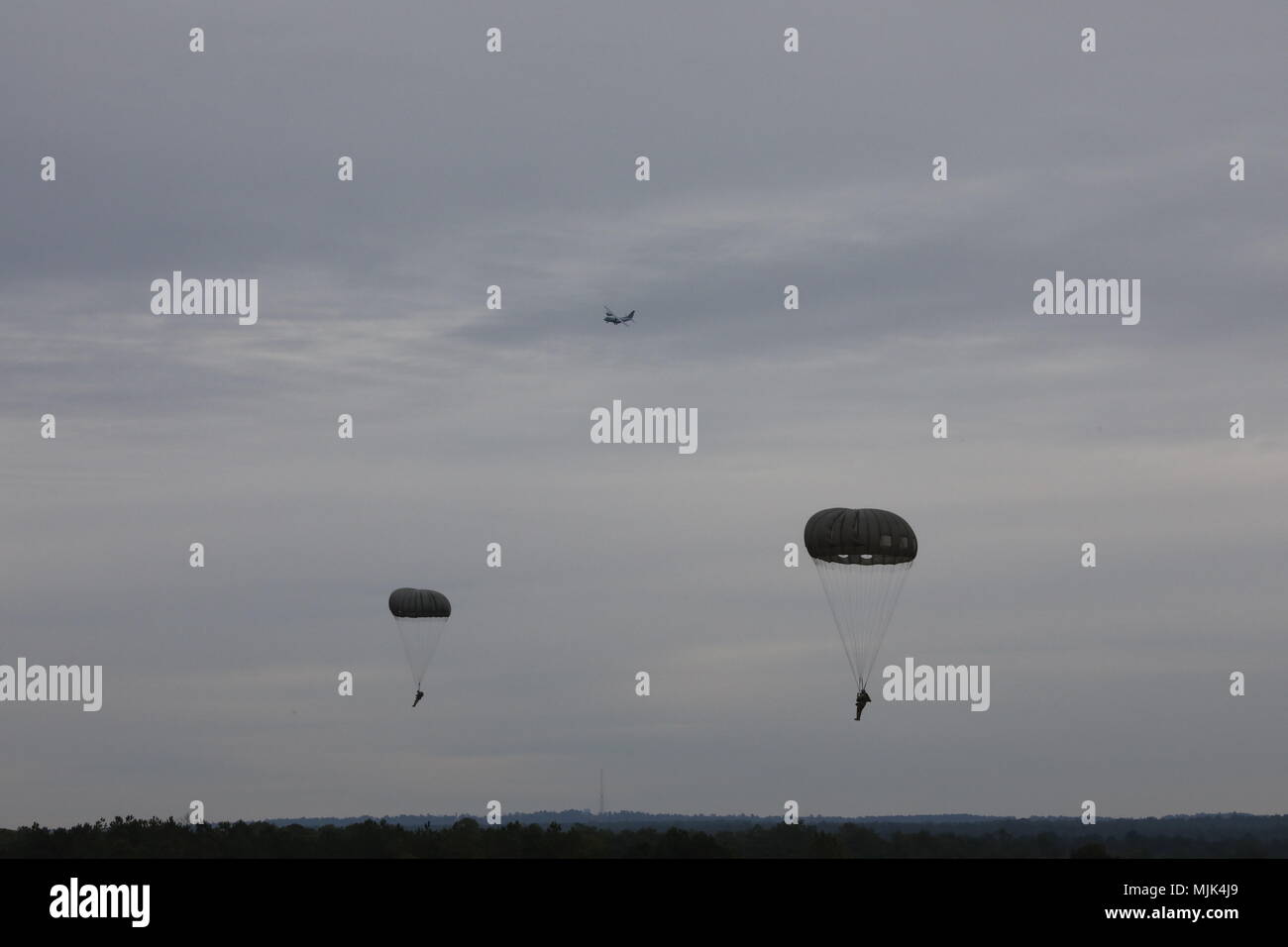 U.S. Army paratroopers fill the sky after jumping from the UH-60 Black ...