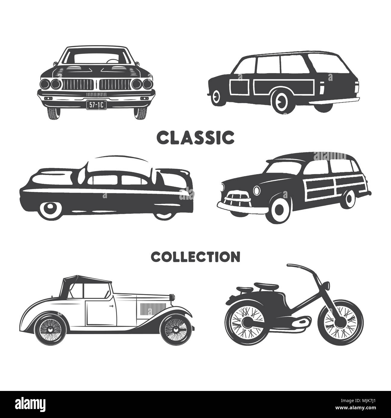 Classic cars, vintage car icons, symbols set.Vintage hand drawn cars ...