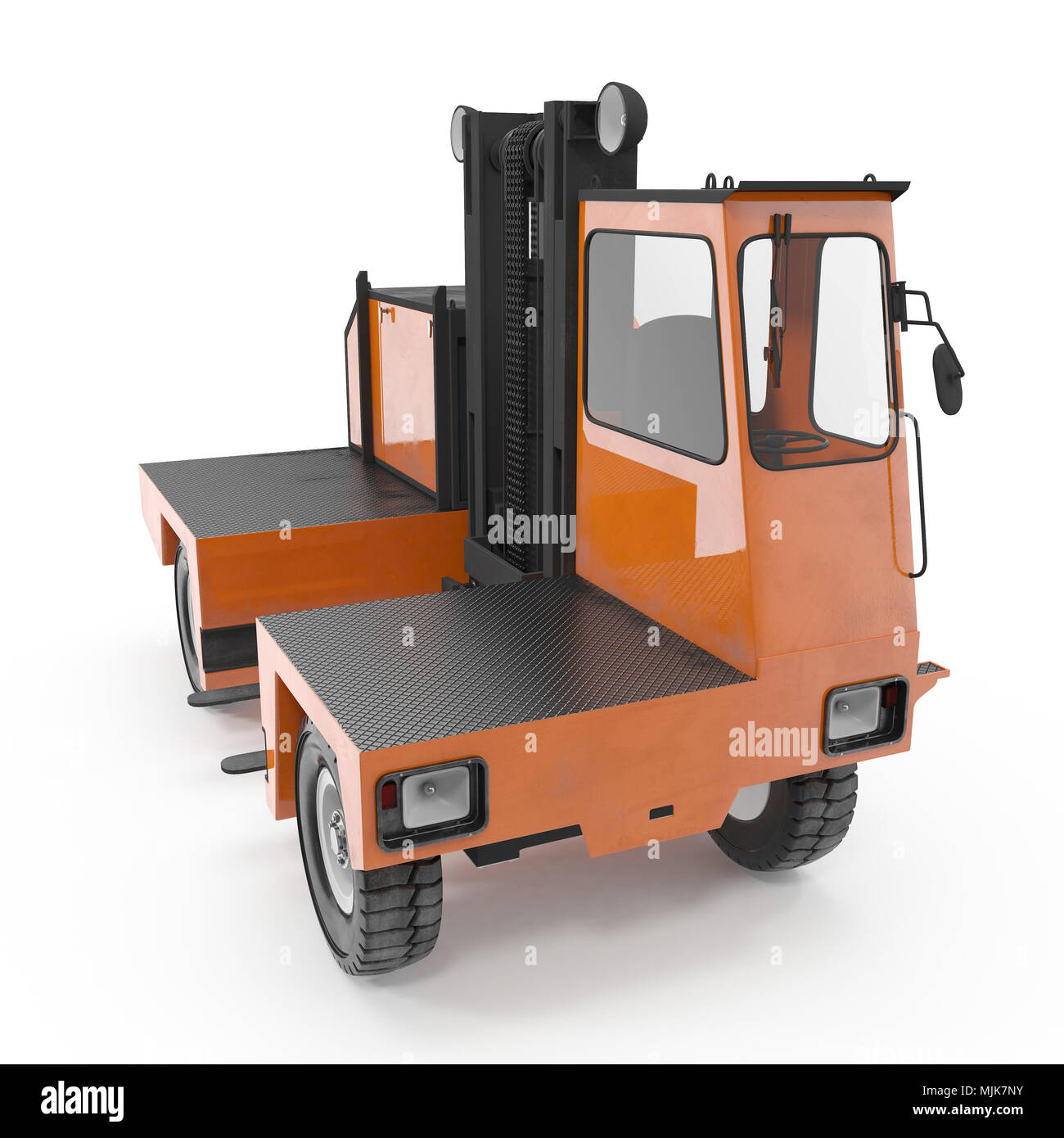 Side Loading Orange Forklift Truck isolated on white. 3D Illustration ...