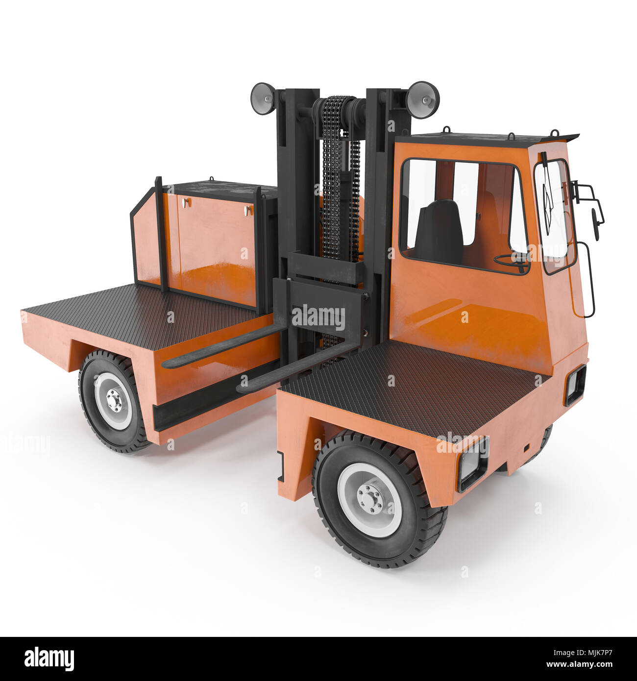 Side Loading Orange Forklift Truck isolated on white. 3D Illustration ...
