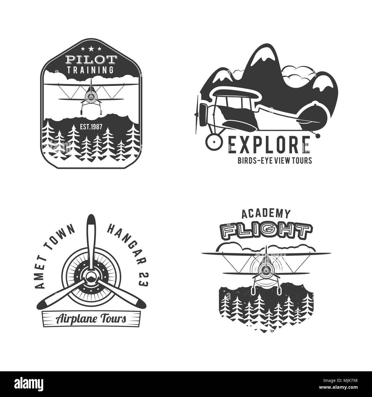 Vintage hand drawn old fly stamps. Travel or business airplane tour ...