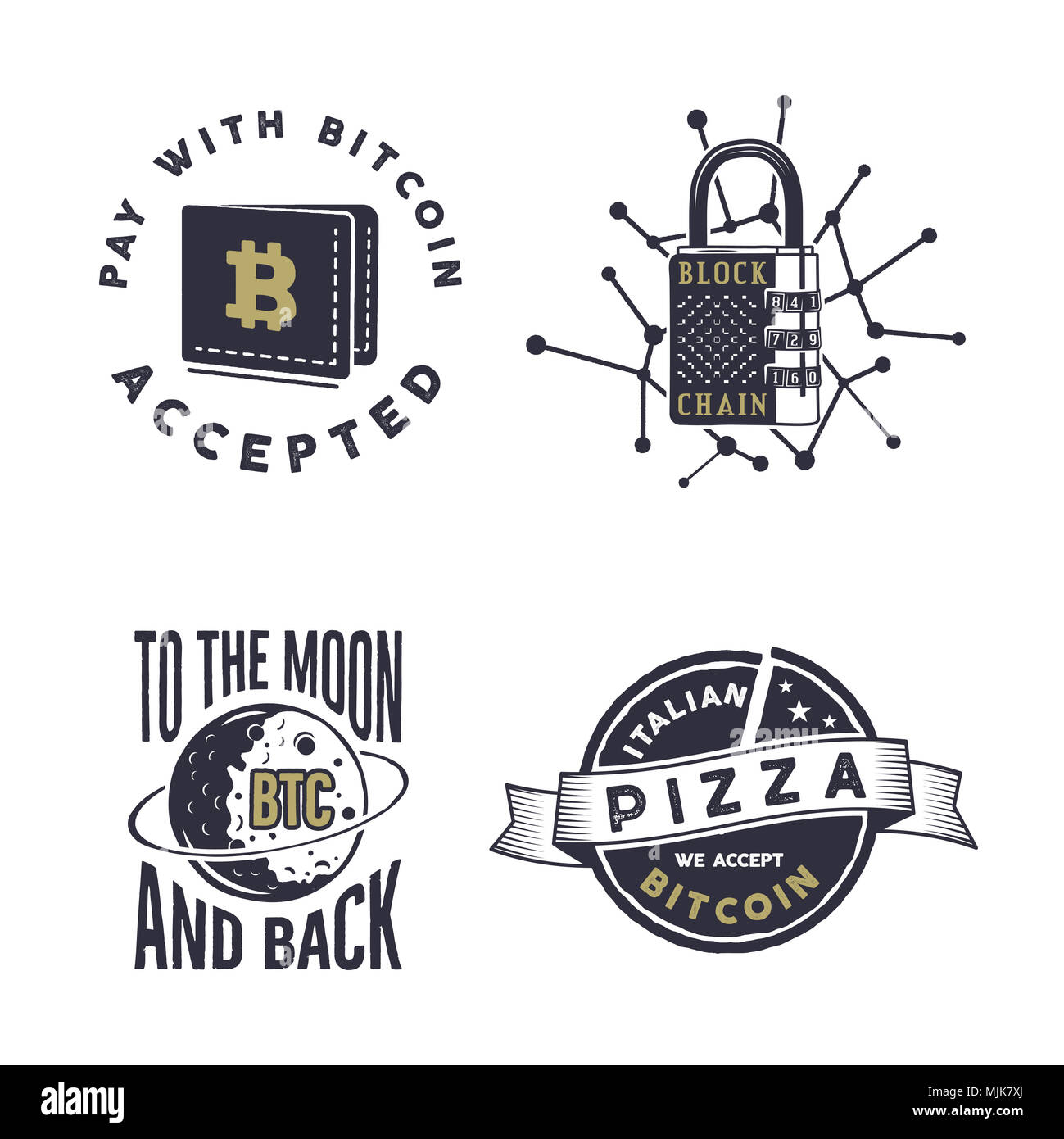 Blockchain, bitcoin, crypto currencies emblems and concepts set ...