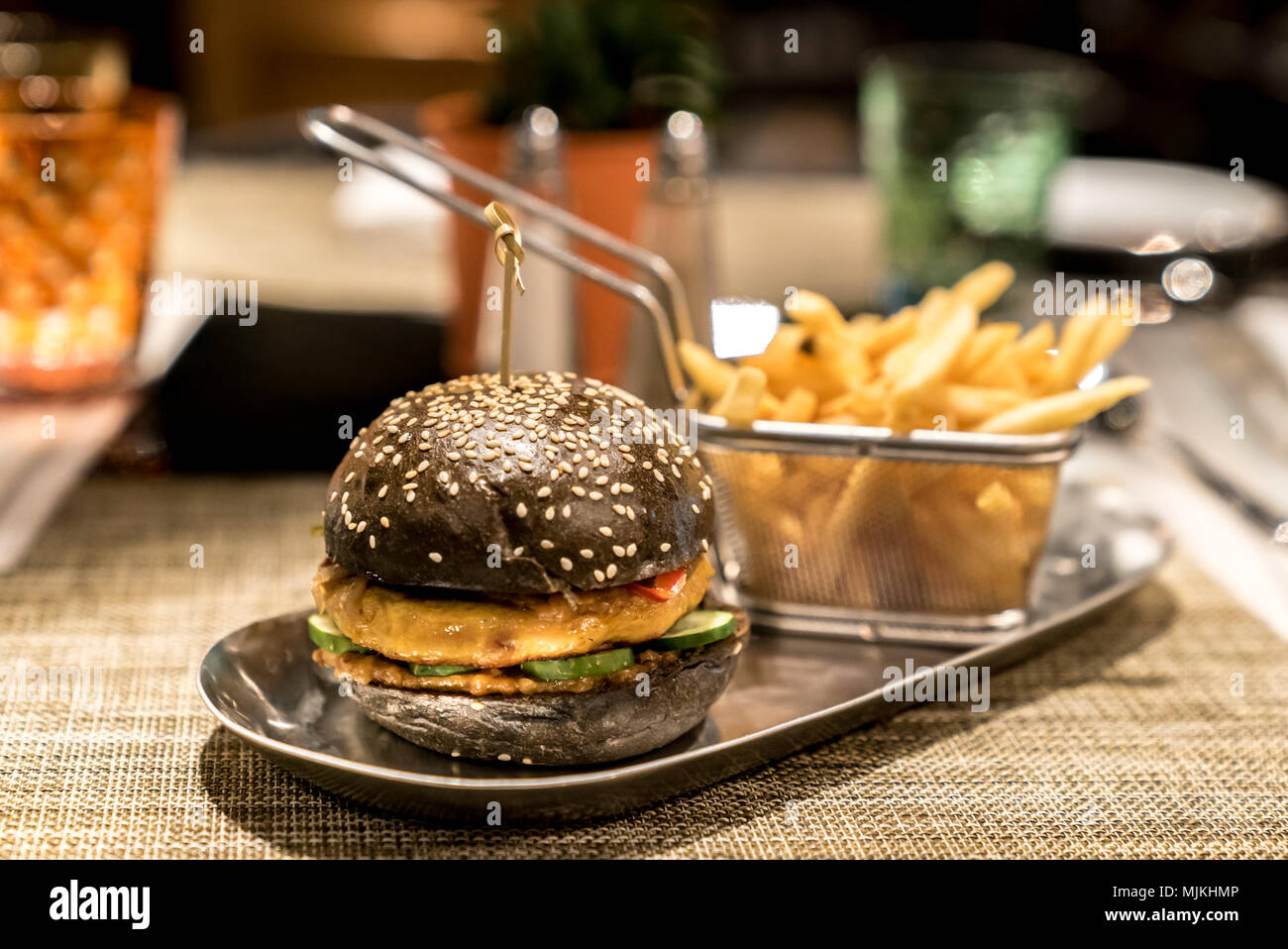 Hamberger with fries fast food Stock Photo - Alamy