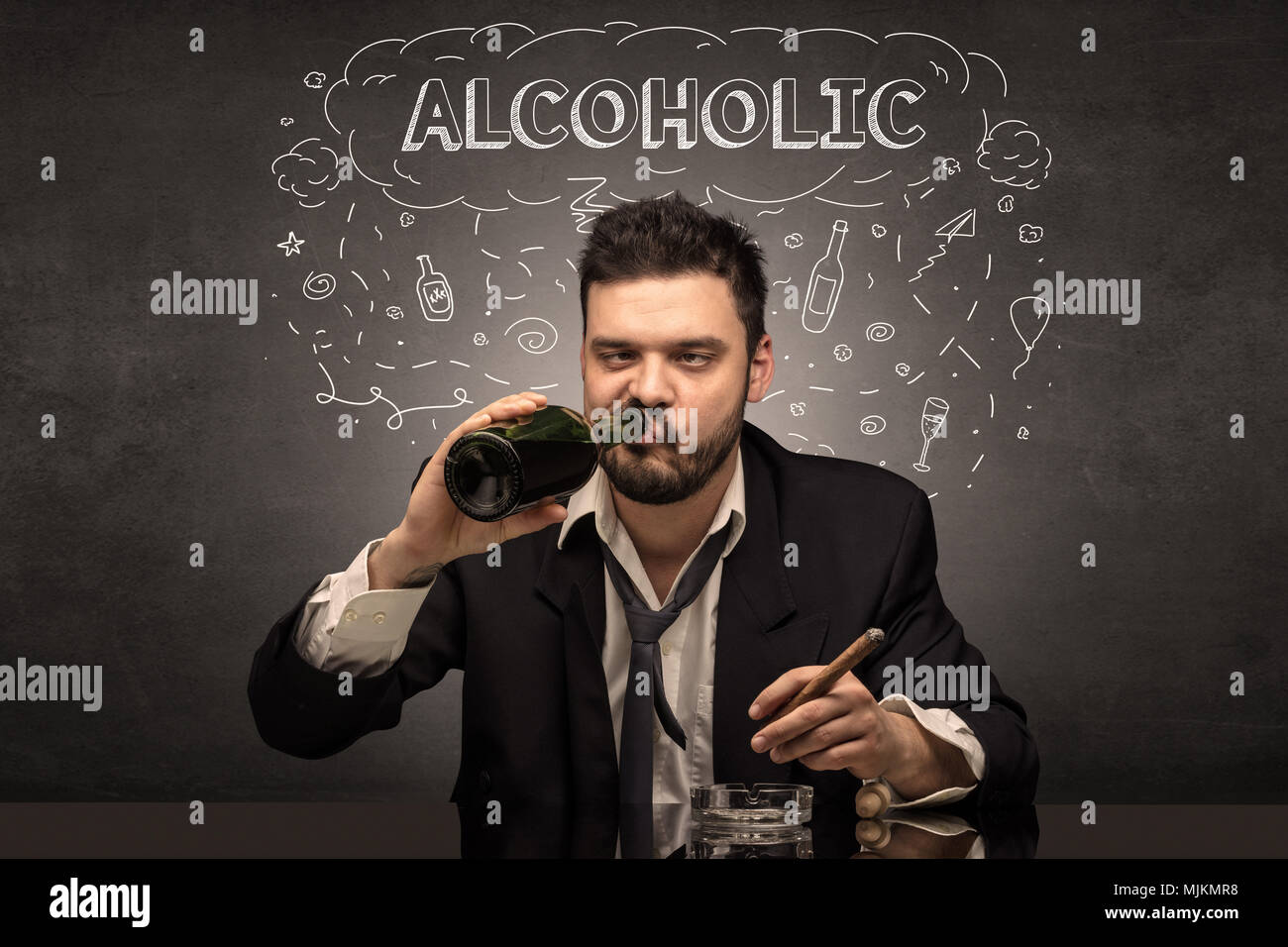 Loser drunk man with drinking, drug, hangover, alcoholic drugs concept ...