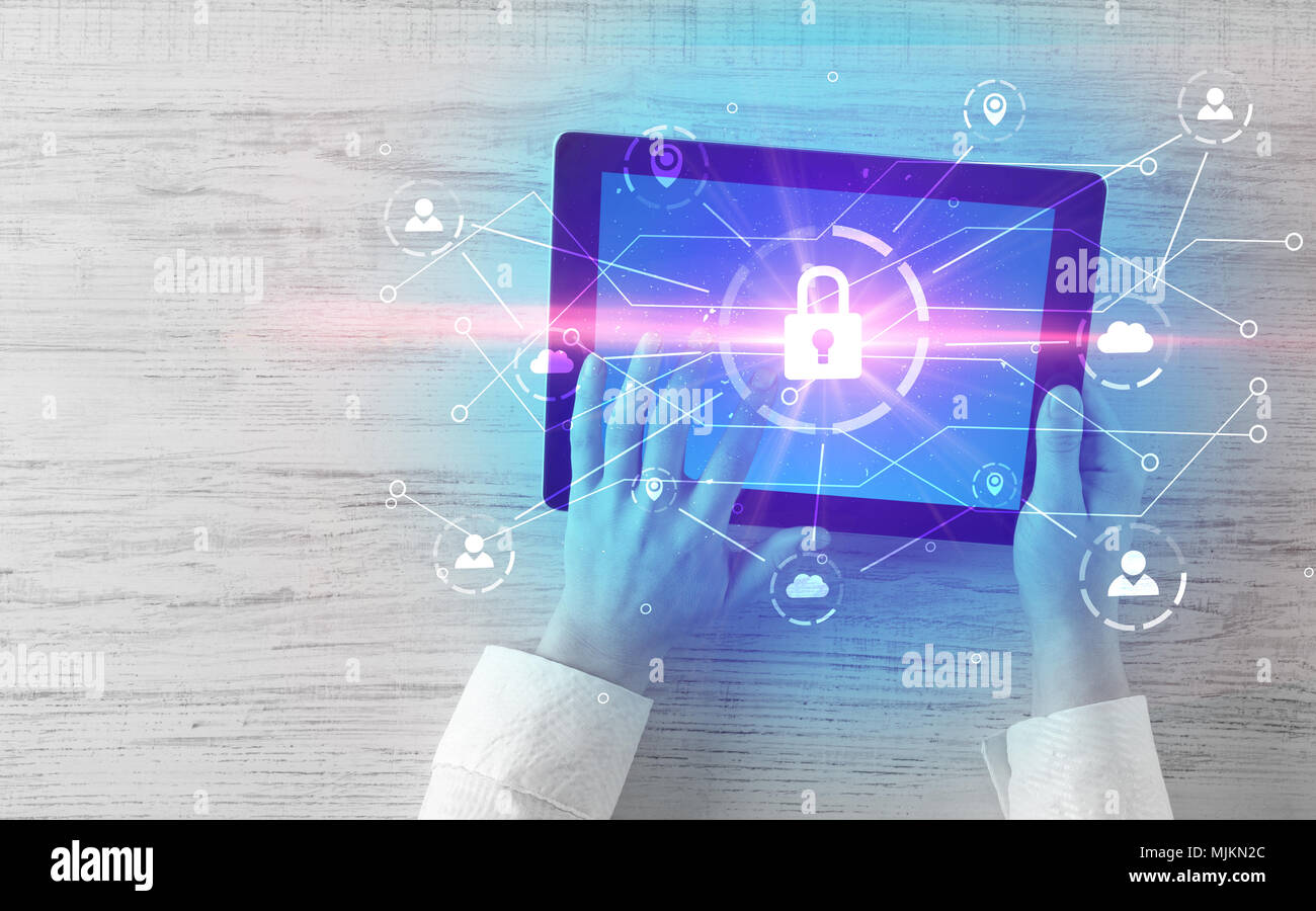 Hand touching online network security button and cloud, connection and ...