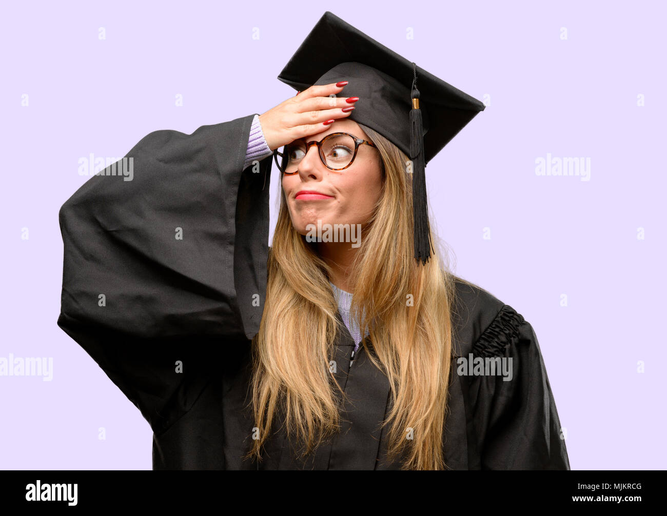 Young woman university graduate student terrified and nervous ...