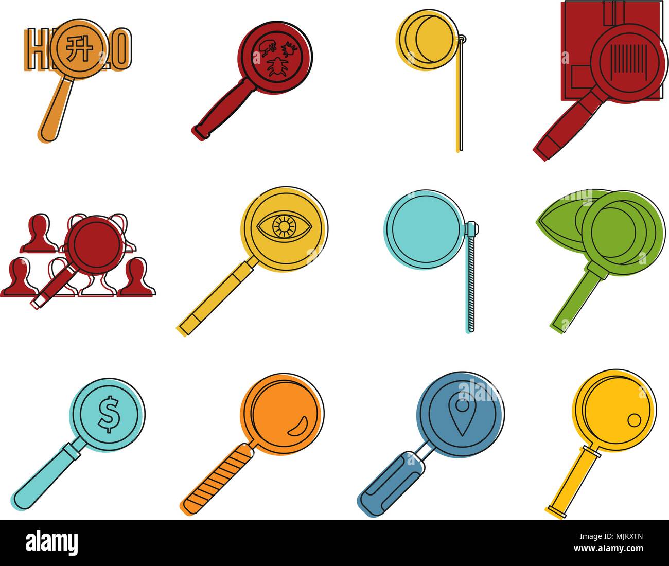 Magnified glass icon set. Color outline set of magnified glass vector ...