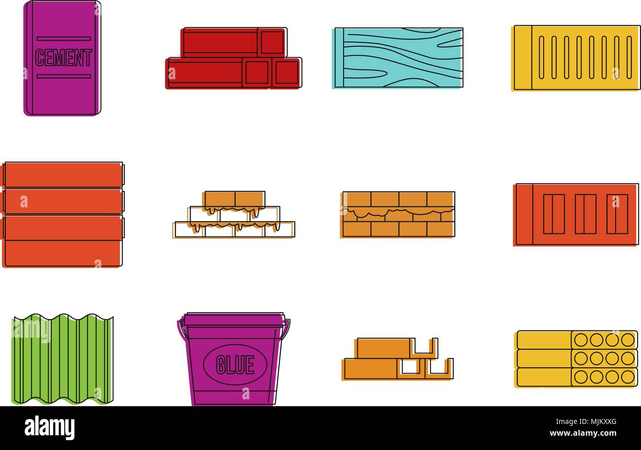 Construction material icon set. Color outline set of construction ...