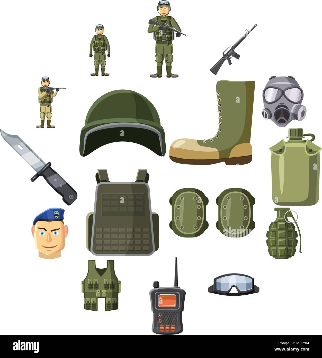 Military weapon icons set in cartoon style. Army equipment set ...