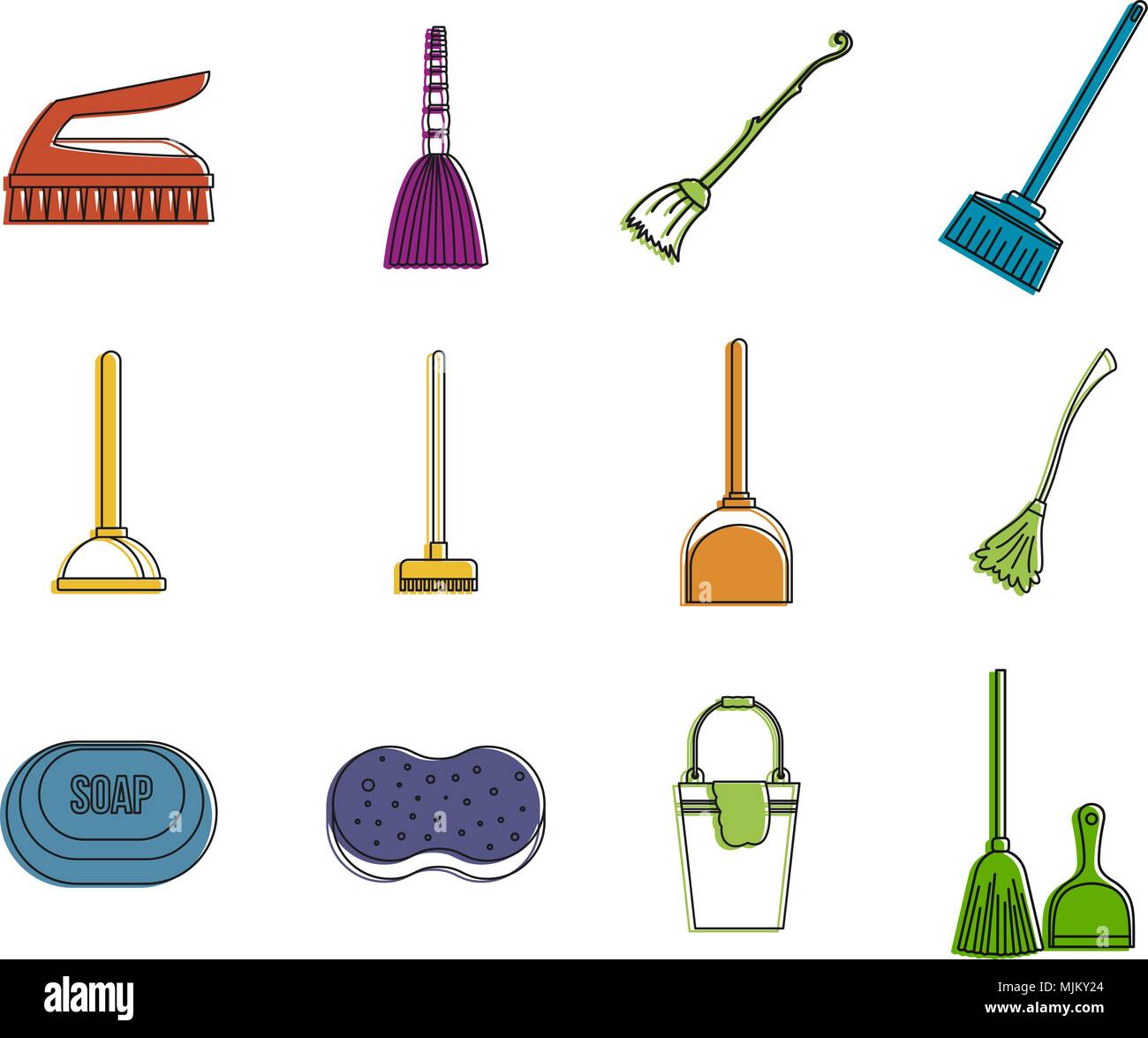 Cleaning tool icon set. Color outline set of cleaning tool vector icons ...