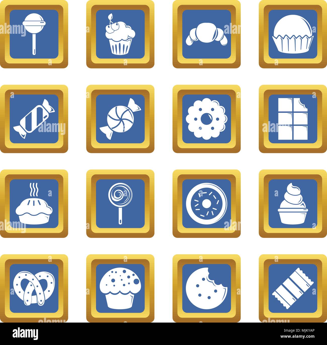 Sweets candy cakes icons set vector blue square isolated on white ...