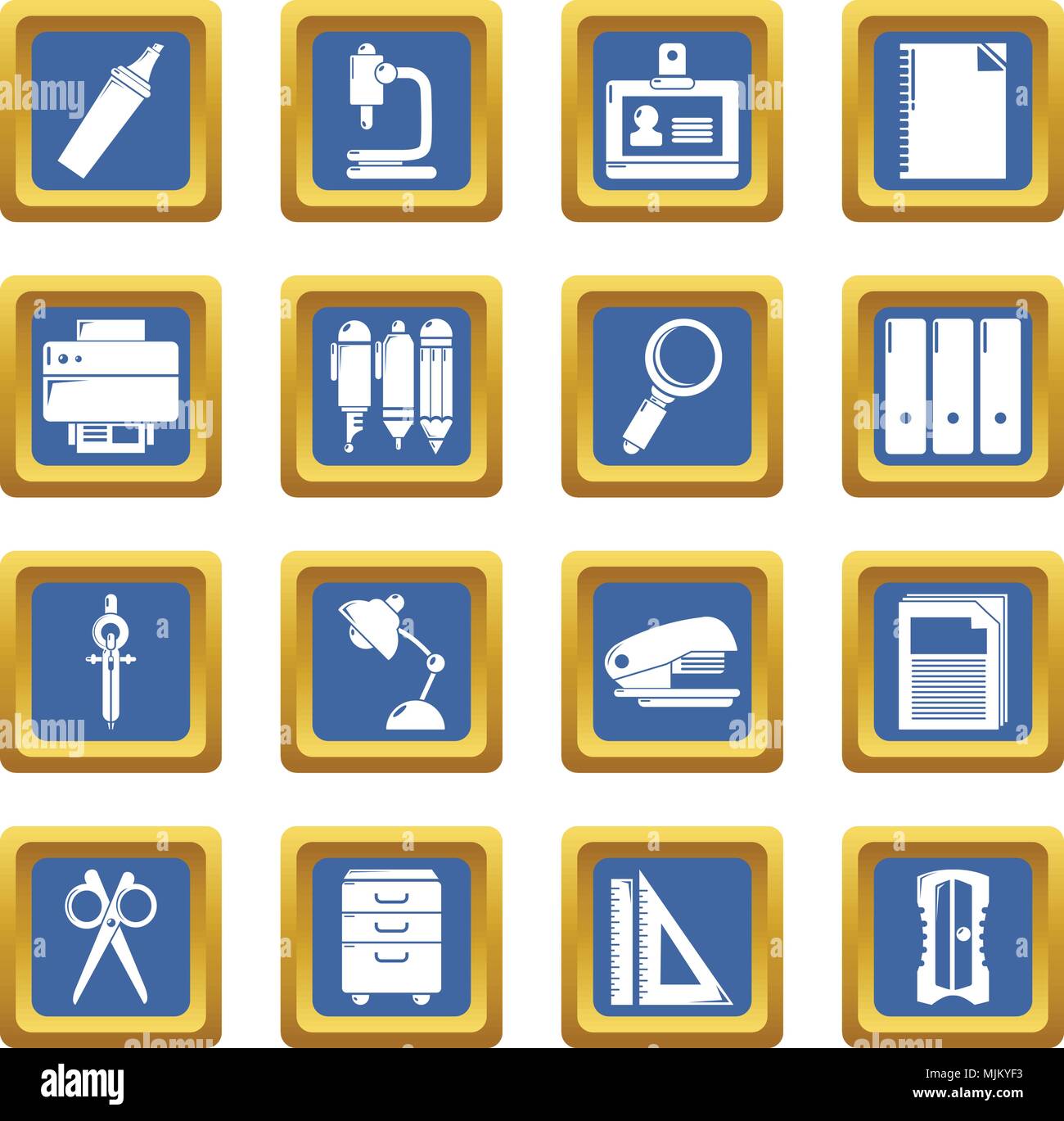 Stationery icons set vector blue square isolated on white background ...