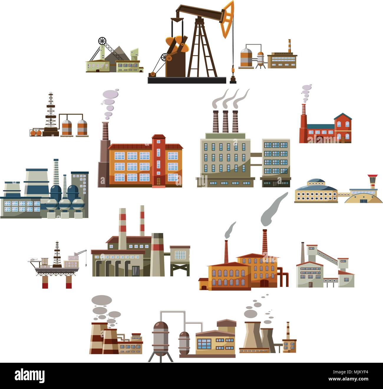 Factory icons set in cartoon style. Industrial building set collection ...