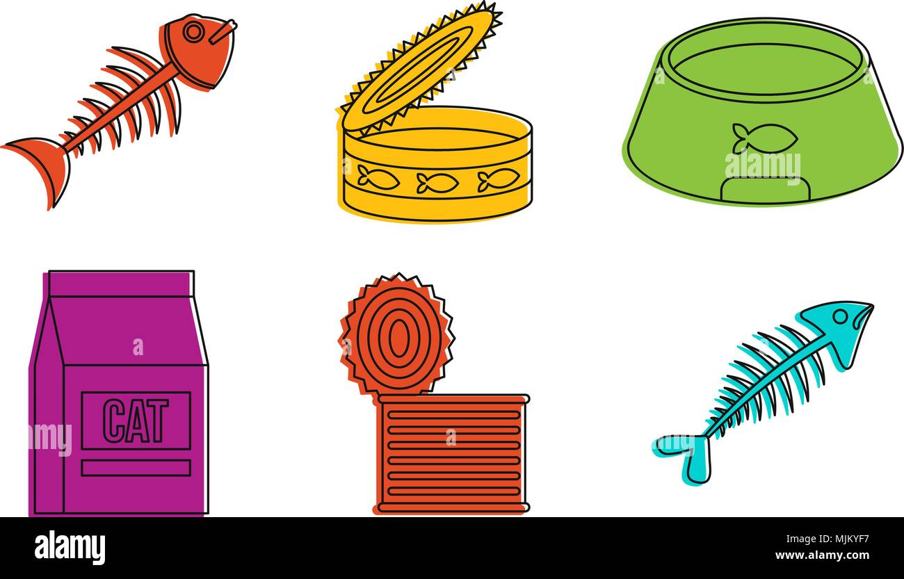 Cat food icon set. Color outline set of cat food vector icons for web ...
