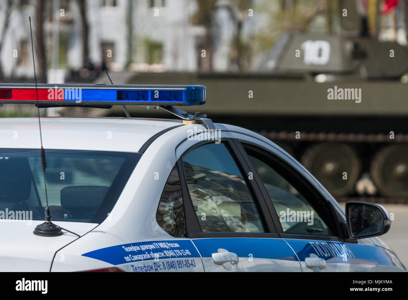 SAMARA - MAY 5: Police car at military parade during celebration of the ...