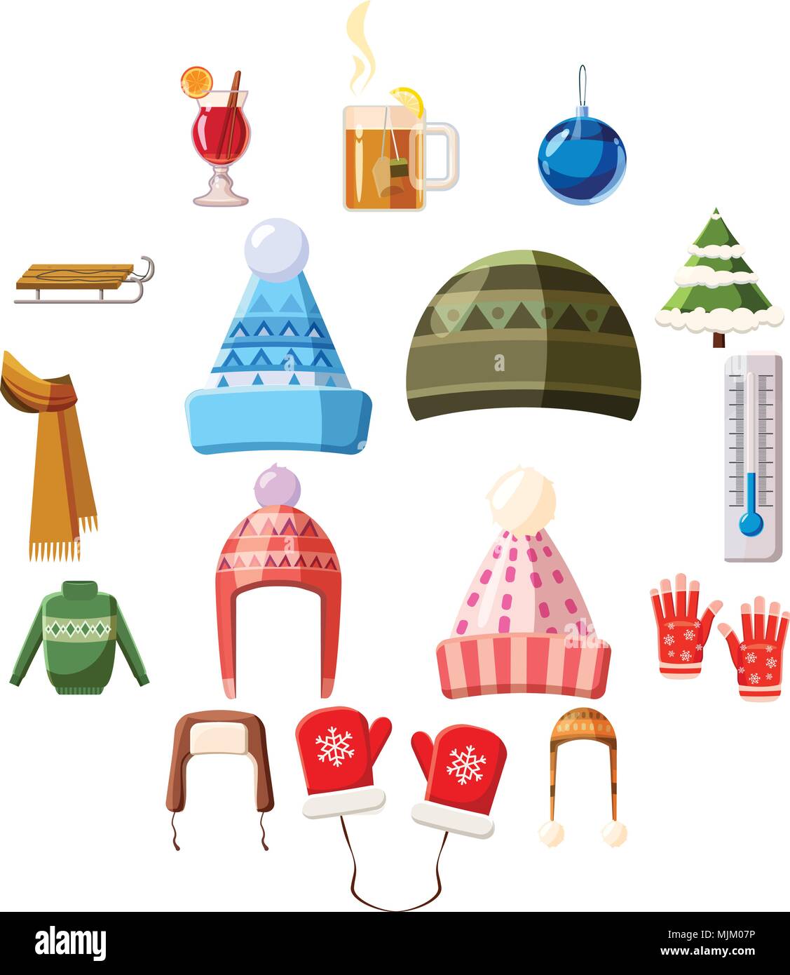 Winter icons set in cartoon style. Winter accessories and elements set ...