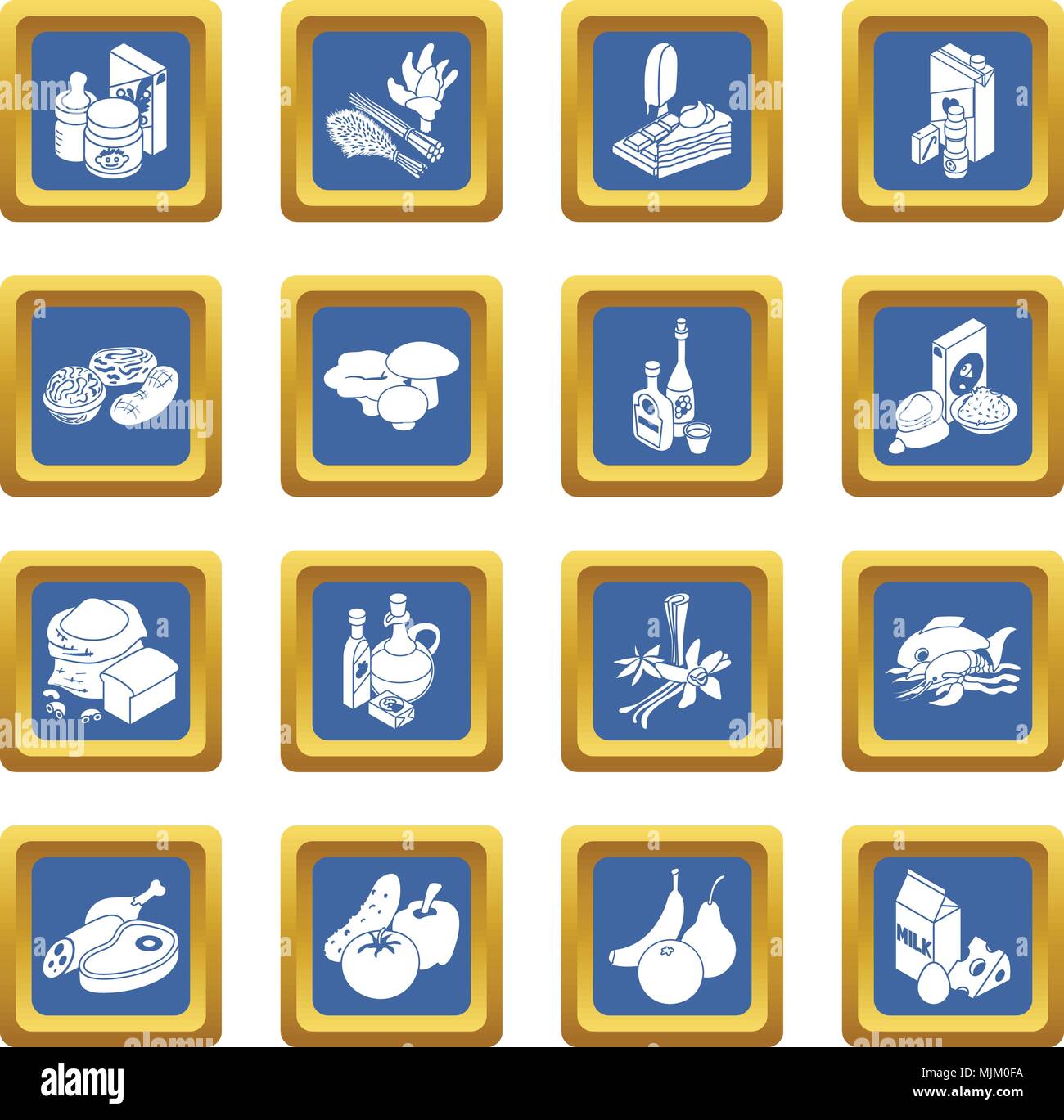 Shop navigation foods icons set vector blue square isolated on white ...