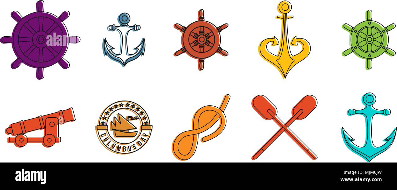 Sea element icon set. Color outline set of sea element vector icons for ...