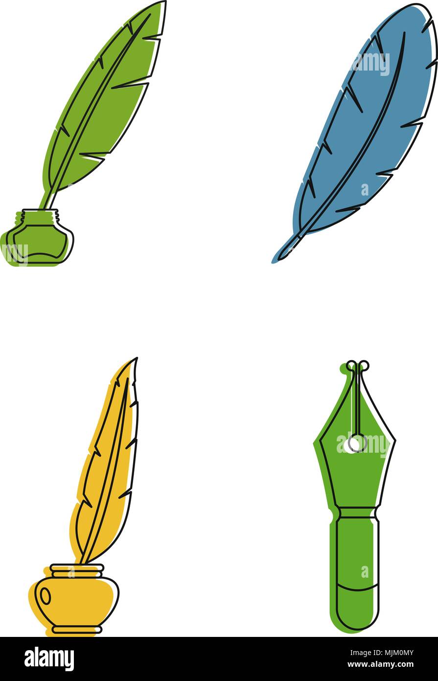 Feather pen icon set. Color outline set of feather pen vector icons for ...