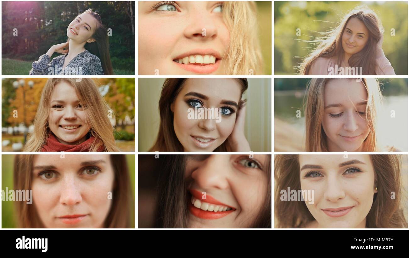 A collage of nine young beautiful girls of Russian Slavic appearance ...