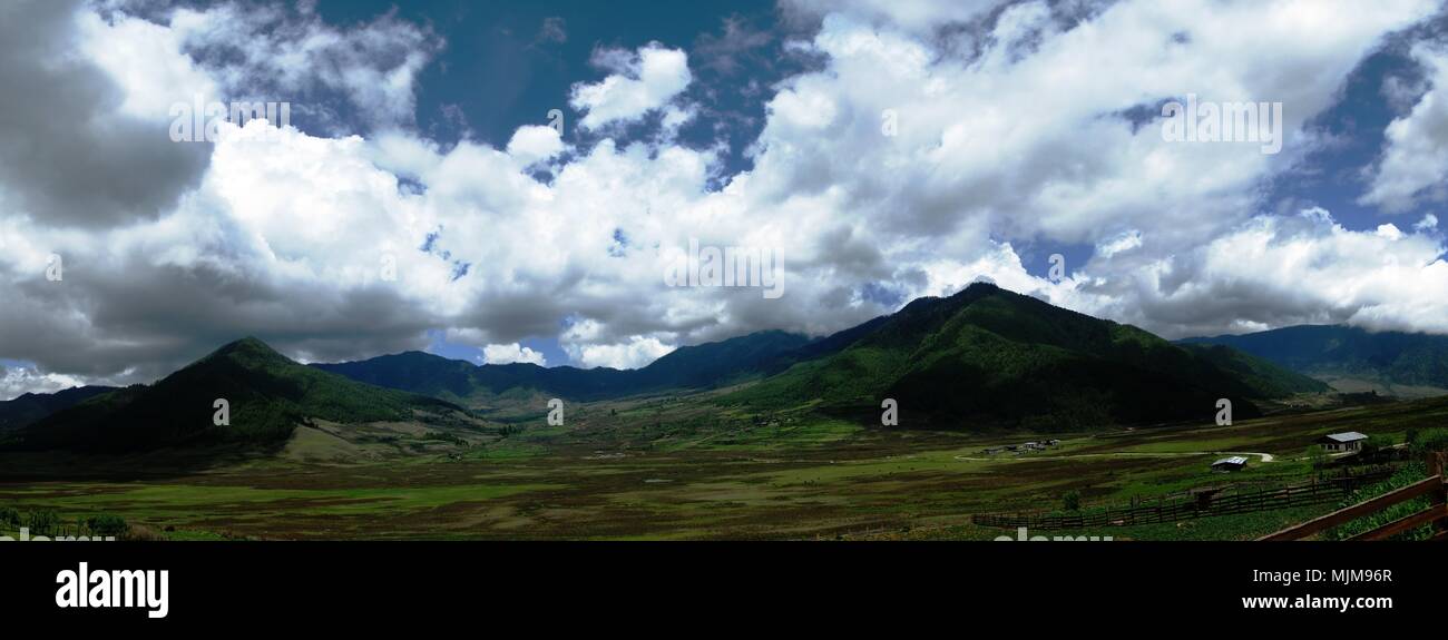 Landscape of mountain Phobjikha valley, Bhutan Himalayas Stock Photo ...